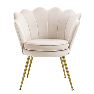 ZJhome Modern Accent Velvet Chairs Set of 2 Comfy Upholstered Vanity Chairs for Bedroom Shell-Shaped Armchair Dining Chairs with Golden Metal Legs Desk Chair Makeup Chairs for Living Room(Beige)