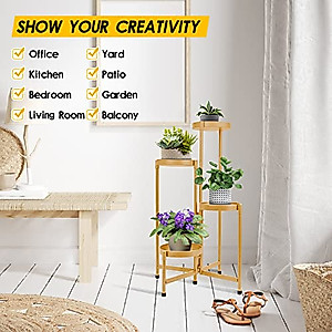 HOEGMST 4 Tier Plant Stand Indoor Outdoor, 31 Inch Tall Metal Plant Shelf Waterproof, Plant Holder with Folding Design For Home, Living Room, Gold