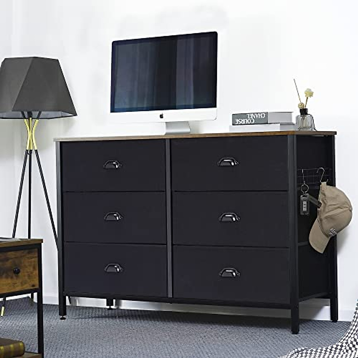 DOVAMY 6 Drawer Dresser for Bedroom, Fabric Dresser Organizer, Wide Dresser with Vintage Wooden Top, Steel Frame, Chest of Drawers, Closet, Nursery and Living Room, Black
