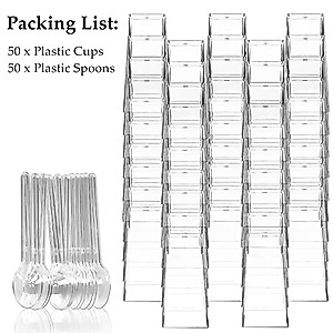 TOFLEN 50 Pack 3 oz Mini Dessert Cups with Spoons, Square Tall Clear Plastic Dessert Shooters Party Serving Tumbler Cups for Parfait Appetizers & Dessert Shot Glasses