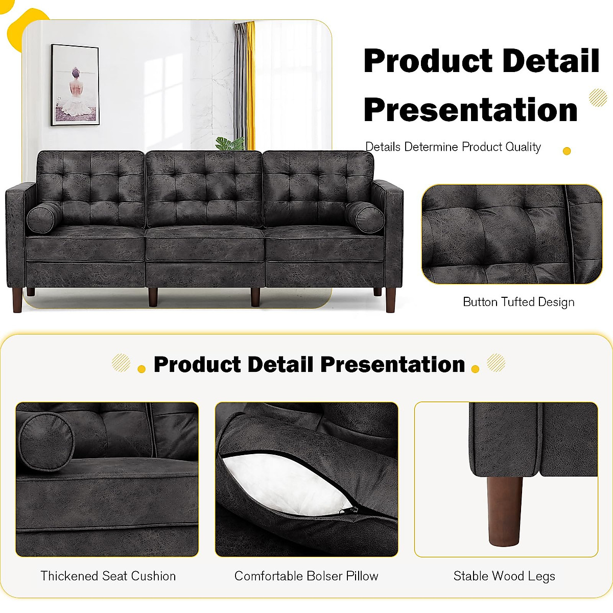 Lesofair 84" Faux Leather 3-seat Sofa with 2 Bolster Pillows, Tufted Couch with Wooden Legs, Morden Sofa Suitable for Living Room, Office, Black