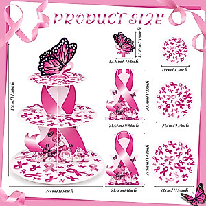 Cholemy Breast Cancer Awareness Party Decoration 3 Tier Round Cardboard Cupcake Stand Pink Ribbon Dessert Cupcake Decoration Cancer Awareness Serving Tray for Women Breast Cancer Survivors Gift