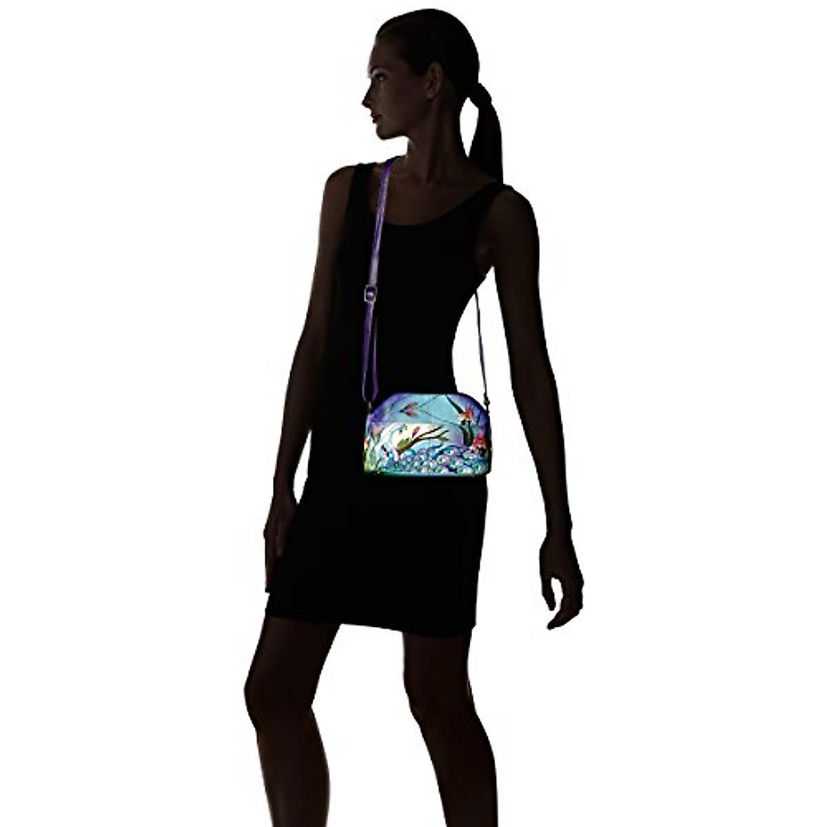 Anna by Anuschka Women's Genuine Leather Medium Multi-Compartment Crossbody | Hand Painted Original Artwork | Midnight Peacock