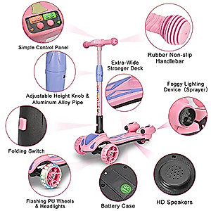 3 Wheel Scooter for Kids, Toddler Scooter with Bluetooth Music Speaker Steam Sprayer LED Lights Aluminum Alloy T-Bar, Folding 3 Wheel Scooter for Boys Girls Ages 3-10 (Pink)