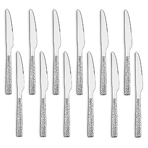 E-far Hammered Dinner Knives Set of 12, 8.9 Inch Stainless Steel Serrated Steak Butter Knife for Home Kitchen Restaurant, Modern Design & Square Edge, Mirror Finish & Dishwasher Safe