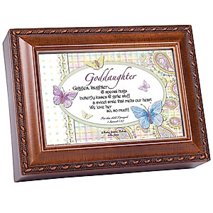 Cottage Garden Goddaughter Kisses Hugs Love You Woodgrain Rope Trim Jewelry Music Box Plays Jesus Loves Me