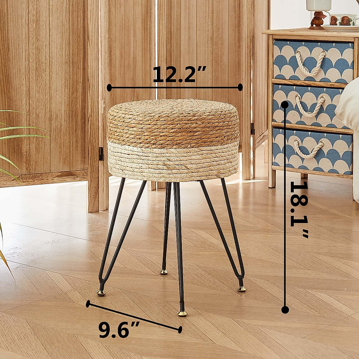 ALeesing Makeup Vanity Stool, Hand Weave Natural Seagrass Footstool Ottoman, Foot Rest Dressing Stool with Metal Leg, Modern Multifunctional Vanity Stools Chair, White