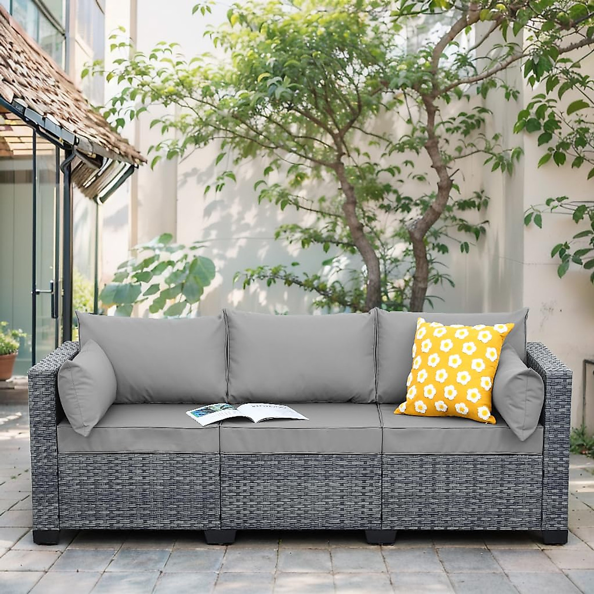Lviden Wicker Patio Couch, Outdoor 3-seat Sofa, All Weather PE Rattan, Deep Seating Deck Furniture Set with Grey Cushions