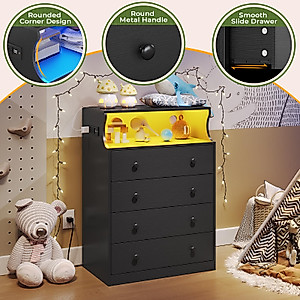 DICTAC Black Drawer Dresser for Bedroom with LED Lights, Chest of 4 Drawers with Charging Station, Tall Dresser with Large Storage Space, Wooden Storage Tower Organizer