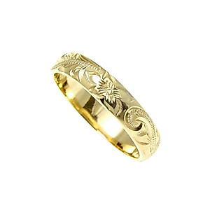 Arthur's Jewelry 14K solid yellow gold custom hand engrave Hawaiian plumeria scroll band ring 4mm size 11