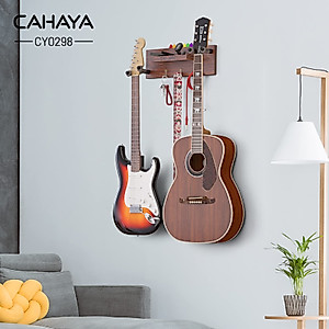 CAHAYA Guitar Wall Mount Hanger with Shelf and Pick Holder Rotatable Rubber Hooks Take 2 Guitars for Acoustic Electric Bass Violin Banjo Mandolin Ukulele CY0298