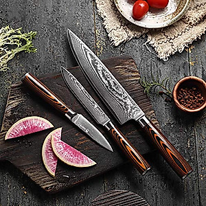 Jourmet 3PC Damascus Knife Set with Japanese VG10 Super Steel Core, Professional 67-layer Handmade PAKKA Wood Handle with S/S 430 Bolster