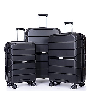 Travelhouse Luggage 3 Piece Set Suitcase with Spinner Wheels TSA Locks PP Luggage Hardside Carry on 20in 24in 28in For Unisex (Black)