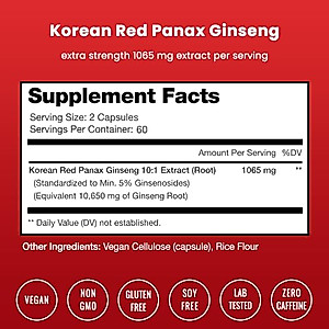 NutraChamps Korean Red Panax Ginseng Capsules | Extra Strength Ginsenosides for Energy, Focus, Performance, Vitality & Immune Support | Korean Red Ginseng Root Extract Powder Supplement | Vegan Pills