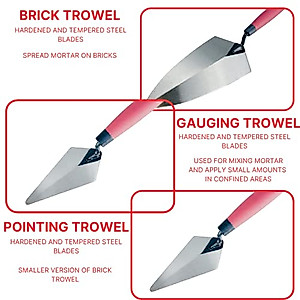 Wedge: 5 Piece Professional Masonry Trowel Set | Tempered Steel Blades | Contains 13" Brick Jointer, 6" Pointing Trowel, 7" Gauging Trowel, 11" Brick Trowel, 11" Plastering Trowel