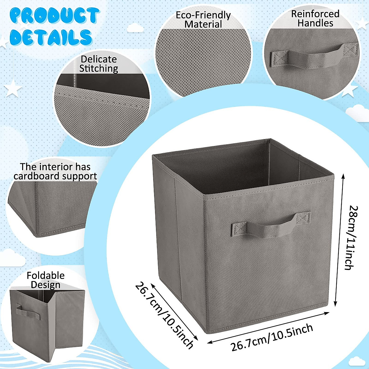 12 Pcs Cube Storage Bin 11'' Collapsible Storage Cubes Foldable Cube Storage Organizer Bins Fabric Bins Storage Basket Fabric Cubby Boxes for Shelf Closet (Gray)