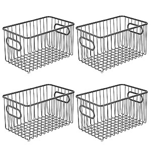 mDesign Metal Farmhouse Kitchen Pantry Food Storage Organizer Basket Bin - Wire Grid Design - for Cabinet, Cupboard, Shelves, Countertop, Closet, Bedroom, Bathroom - 10" Long, 4 Pack - Graphite Gray