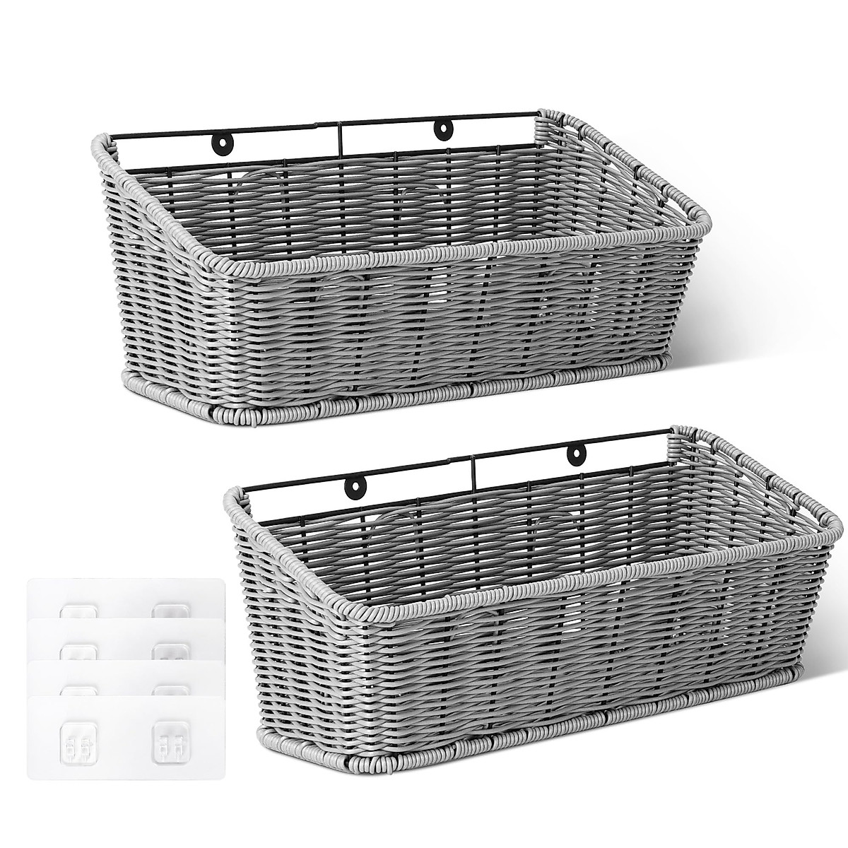 GRANNY SAYS Wicker Hanging Basket, 2 Pack Storage Baskets for Cabinet, Wall Mount Fruit Basket for Kitchen, Adhesive Bathroom Cabinet Organizer, Pantry Organizers and Storage, Gray
