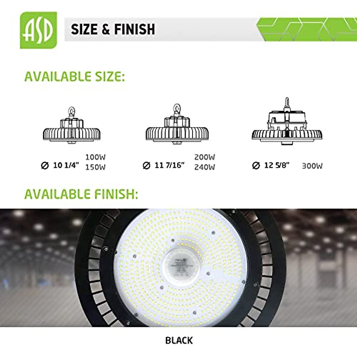ASD UFO High Bay LED Shop Light Fixture with Motion Sensor, 150 watt 22912lm 5000K, 1-10V Dimmable, 120V 277V Work Light, Commercial Bay Lighting, Waterproof, Safety Cable Included UL/DLC Premium
