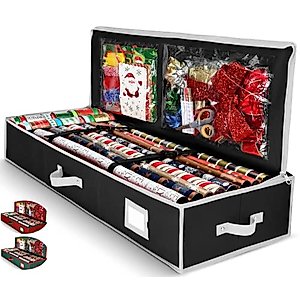 Gift Wrap Organizer, Christmas Wrapping Paper Storage Bag w/Useful Pockets for Xmas Accessories, Fits upto 24 Rolls, Underbed Storage for Holiday Decorations, Large Capacity Storage Box, 1 Count (Pack of 1)