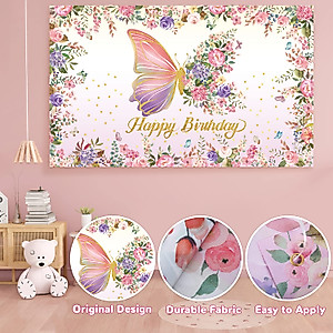 MOMOHOO Butterfly Birthday Party Decorations - 109Pcs Pink and Purple Balloons Arch Kit Butterfly Backdrop for Birthday Party, Butterfly Tablecover, Happy Birthday Banner Butterfly Stickers Decoration