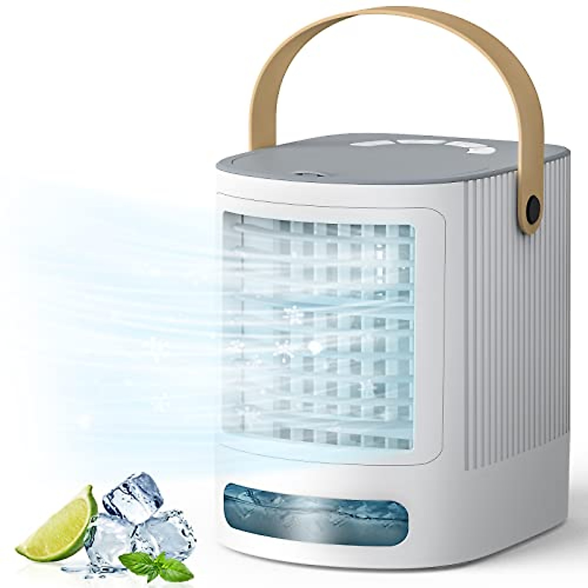 3-IN-1 Portable Air Cooler, USB Powered Desktop Cooling Fan, 3 Levels Spray Humidify & 3 Speeds Personal Air Conditioner Fan w/8 Night Light Modes, Evaporative Air Cooler for Small Room/Office/Camping