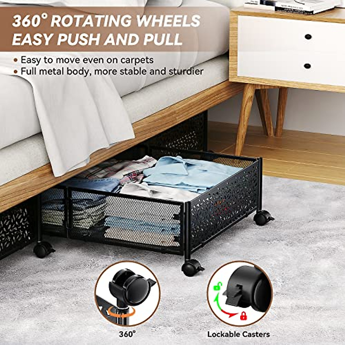 Under Bed Storage, Under the Bed Storage Containers with Wheels, Under Bed Shoe Storage Organizer Drawer, Tool-free Assembly Metal Underbed Storage Containers for Bedroom Clothes Shoes Blankets -2PCK