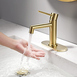 Brushed Gold Bathroom Faucet with Plastic Pop Up Drain, 6.25'' Metal Escutcheon and Supply Lines, Single Handle Stainless Basin Mixer Tap, Modern Bathroom Sink Faucet for 1 or 3 Hole Vanity Sink