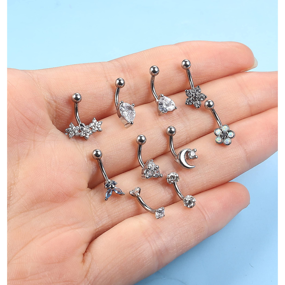 THUNARAZ 16G Rook Daith Earrings for Women Surgical Steel 6mm Eyebrow Rings Inlaid CZ Opal Turquoise Belly Lip Ring Cartilage Surface Tragus Piercing Jewelry 10 Pcs
