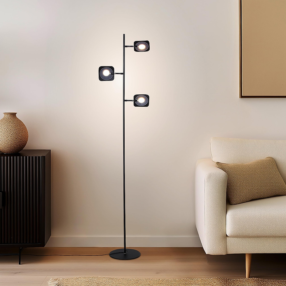 Brightech Tree Floor Lamp for Living Rooms & Offices, Dimmable Standing Lamp for Bedroom Reading, LED Spotlight Floor Lamp, Tall Lamp with Adjustable Panels for Minimal Space Use - Black