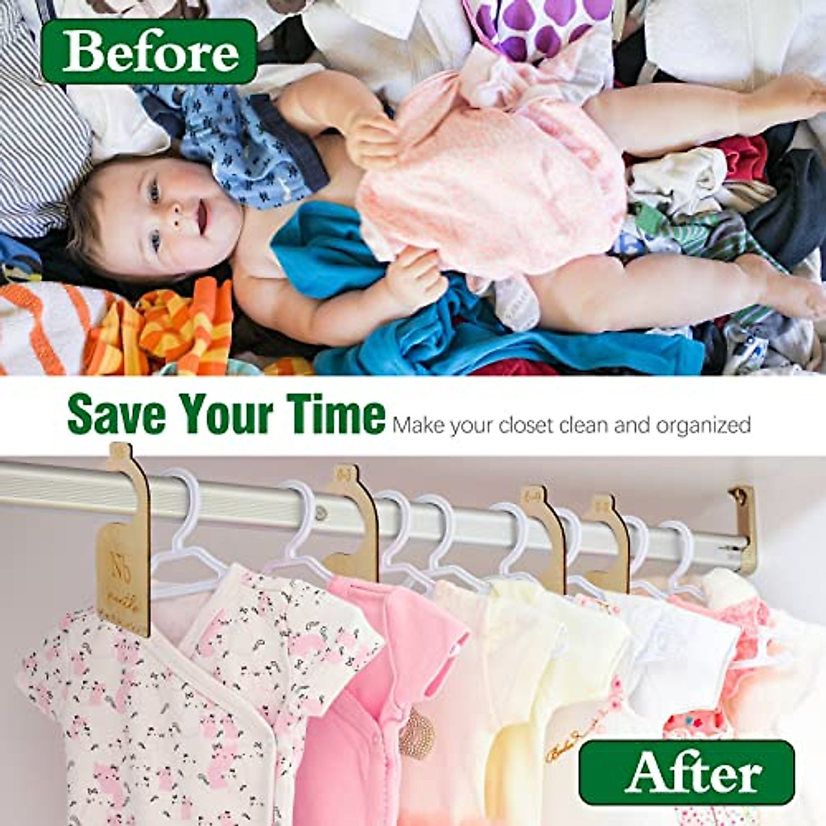 Esweny 7PCS Baby Closet Size Dividers Wooden Baby Closet Organizers from Newborn to 24 Months Dividers to Organize Nursery Closet