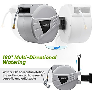 Retractable Garden Hose Reel Wall Mounted, 1/2 Inch x 100 ft + 6.6 ft Semi-Automatic Hose Reel with Brass Connector, 9 Pattern Hose Nozzle, Auto Rewind, Any Length Lock and 180° Swivel Bracket