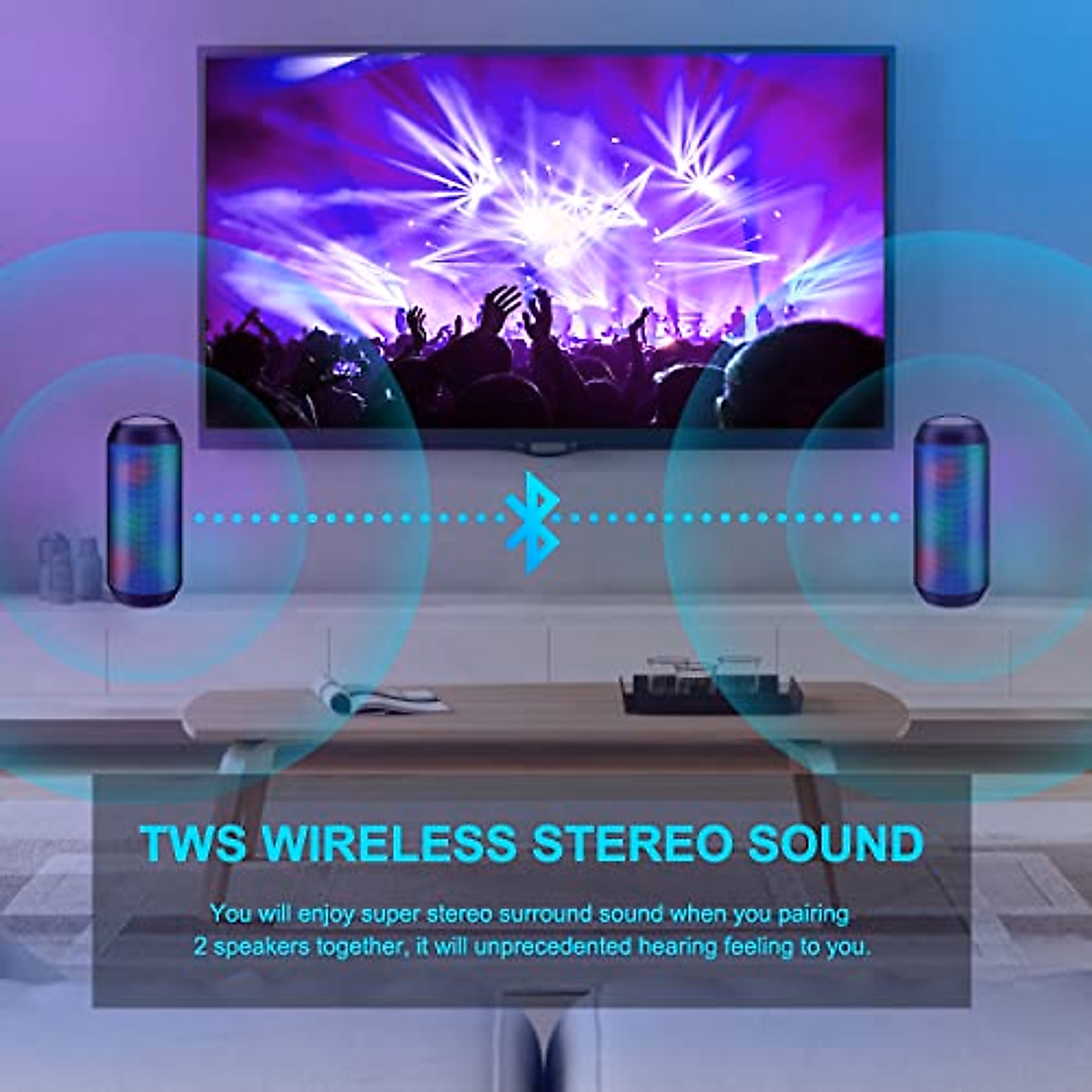 CLEVER BRIGHT Portable Wireless Bluetooth Speakers 7 LED Lights Patterns Wireless Speaker V5.0 Hi-Fi Bass Powerful Sound Built-in Microphone, HandsFree, Audio-Auxiliary,Valentines Day Gifts