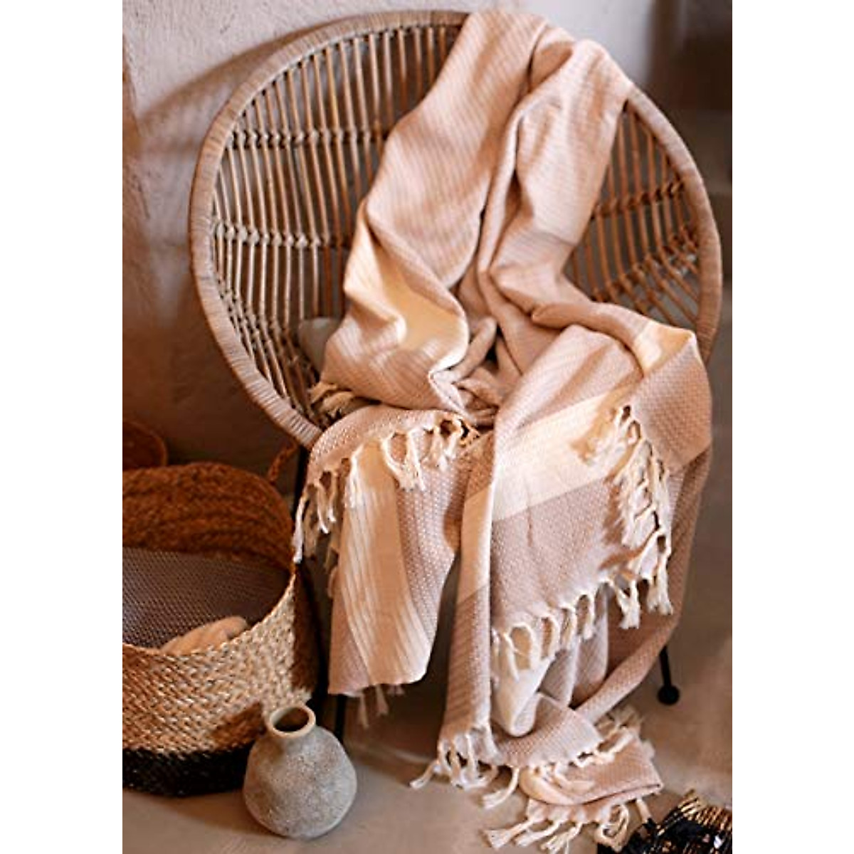 Fringe Home Throw Blanket, Boho Throw Blanket, 68" x 51" Throw Blanket for Sofa, Cotton Throw Blanket, Couch Throw Blanket, Made in Turkey (Boho - Beige)