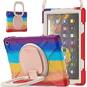 360 ° Rotation Portable Case for Fire HD 10 & 10 Plus Tablet (11th Generation, 2021 Release) Rugged Case Rotating Stand Hand Strap Shoulder Carrying Strap Outdoor Cover (Colourful Red)