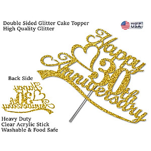 30th Anniversary Cake Topper Gold Glitter, 30 Wedding Anniversary Party Decoration Ideas, Premium Quality, Sturdy Doubled Sided Glitter, Acrylic Stick. Made in USA (30th Gold)