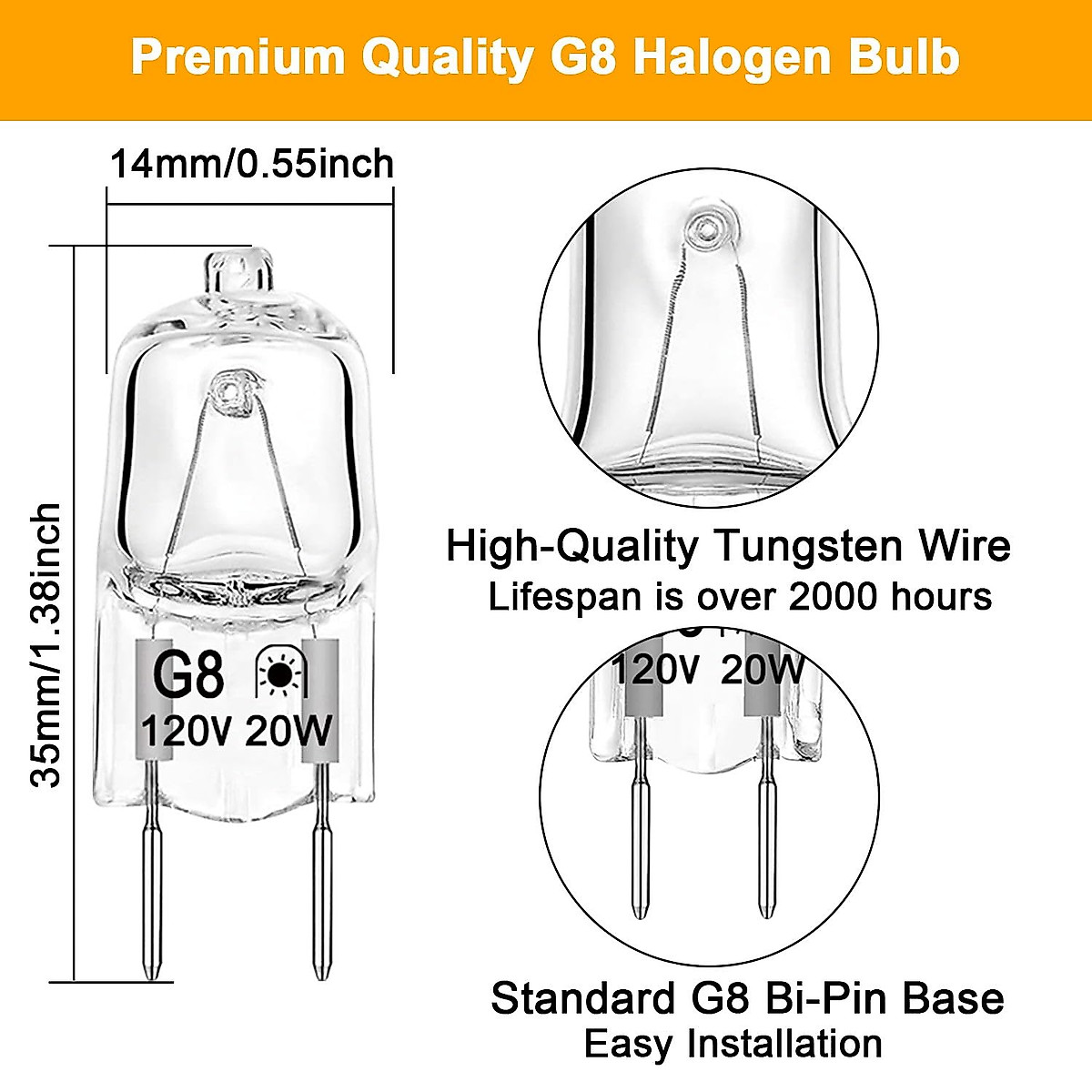 G8 Halogen Bulb 20W 120V T4 JCD Type G8 Base Bi-Pin Xenon Light Bulbs, Dimmable with Long Lasting Lifespan, G8 Halogen Light Bulbs for Under Cabinet Puck Lighting Replacements, Warm White, 6 Packs