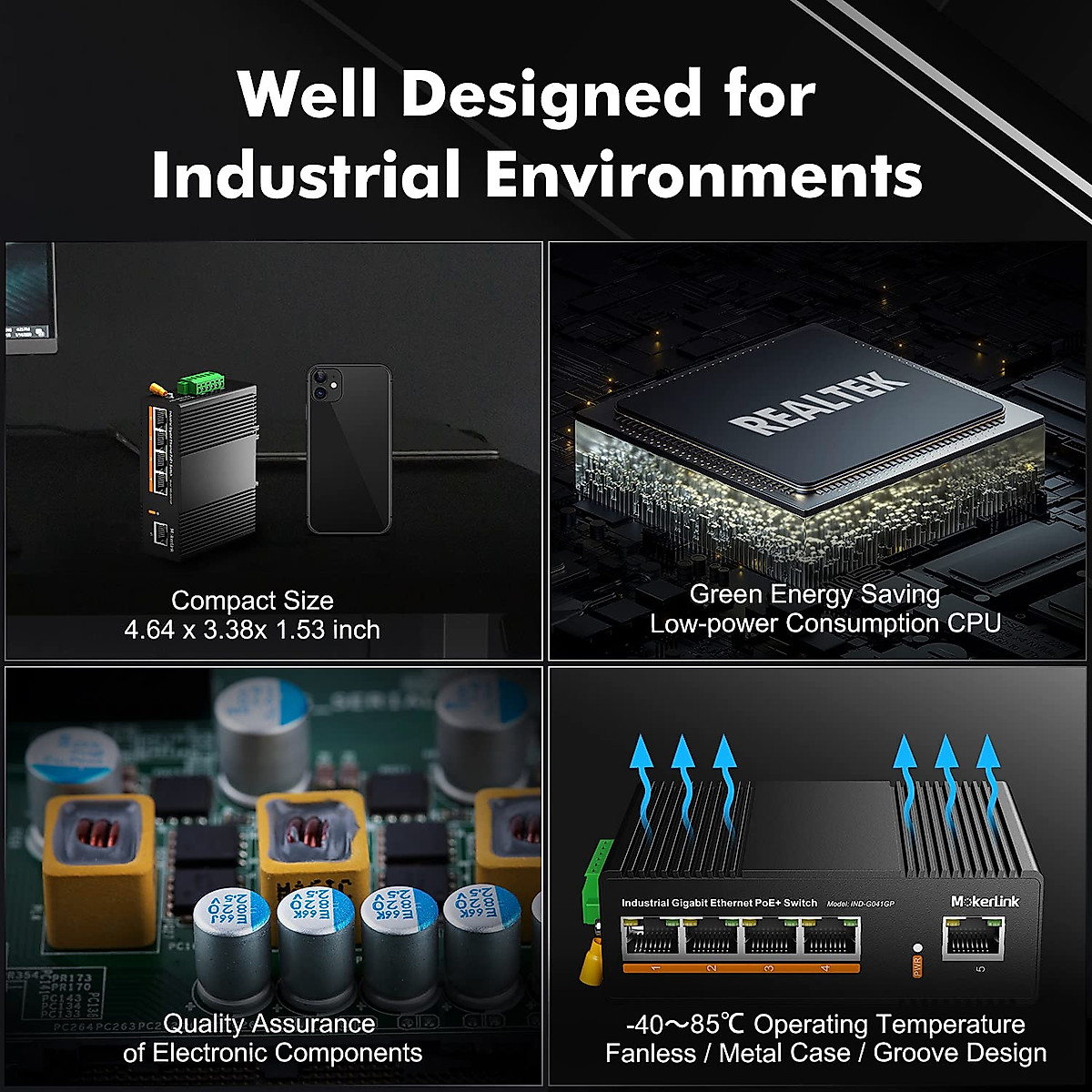 MokerLink 5 Port PoE Gigabit Industrial DIN-Rail Ethernet Switch, 14Gbps Switching Capacity, IP40 Rated Network Switch (-40 to 185°F), with UL Power Supply