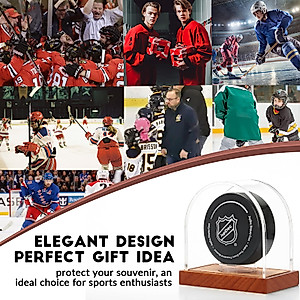 JupDec Hockey Puck and Collectibles Display Case, Premium Acrylic Clear Box Puck Holder with Mahogany Wood Base, Showcase for Autographed Souvenir Memorabilia, Collectible Figure Stand