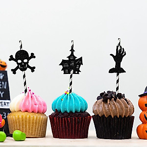 27 Pcs Halloween Paper Straws Pumpkin Bat Skeleton Pattern Black Cat Witch Castle Sticker Insert Straws Disposable Black Paper Drinking Straws Cake topper for Halloween Party Birthday Supplies