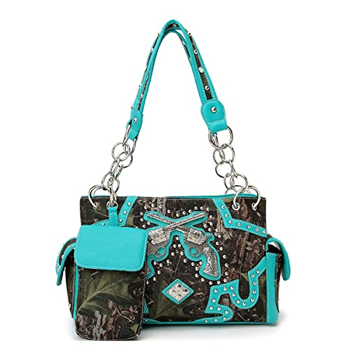 Cowgirl Trendy Camouflage Dual Pistol Western Studs Handbag Concealed Carry Purse Country Women Shoulder Bag Wallet Set (Turquoise Set)