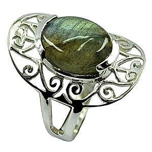 CaratYogi Handcrafted Genuine Labradorite Sterling Silver Statement Ring Oval Shape Deisgn Size 8