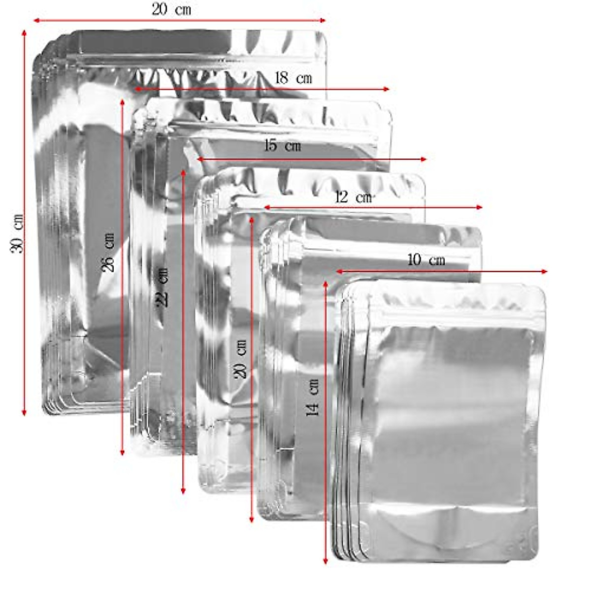 Resealable Mylar Bags Stand Up Food Storage Aluminum Foil Bags 50 Pack Reusable Pouches 5 Different Sizes for Beans Coffee Cookie Snack Food Dried Flowers Tea