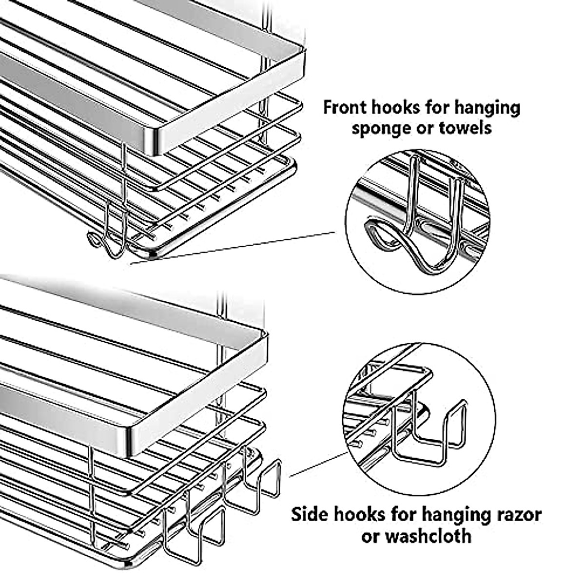 Orimade 2-Pack Rectangle Shower Caddy Bundle with 2-Pack Corner Shower Caddy, No Drilling, Stainless Steel