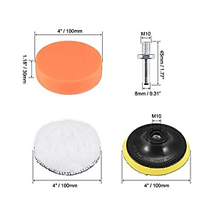 uxcell 4" Foam Drill Polishing Pad Kit, 7pcs Flat Sponge Pads 1pcs Wool Pad 1pcs Hook and Loop Backing Pad with M10 Drill Adapter for Boat