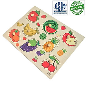 Home Learning Preschool Early Educational Development Colorful Fruit and Vegetables Wooden Peg Puzzle Jigsaw Bundle Shape Toys and Games for Age 3-7 Years Old Child Children Boys Girls