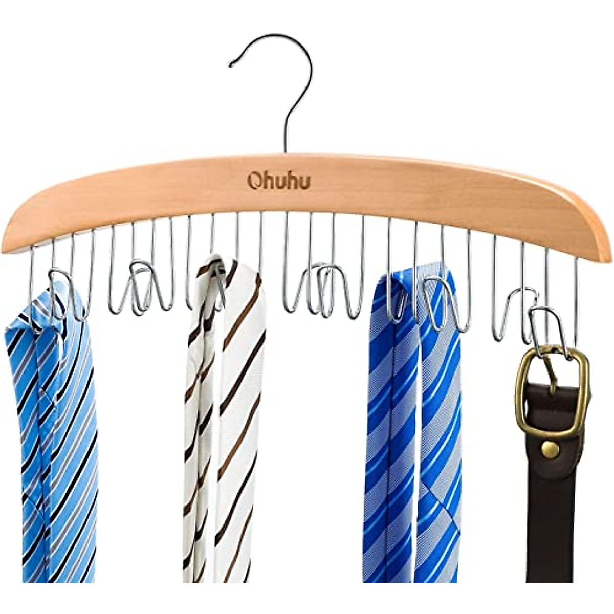 Belt Hanger Organizer for Closet, Ohuhu Wooden 12 Hooks Belt Rack Tie Holder for Storage, 360 Degree Rotating Belt Display Space Saver for Men Women Belt Tie Scarf Tank Top Accessories