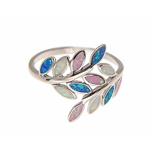 Arthur's Jewelry Blue white pink tricolor inlay synthetic opal ring Hawaiian maile leaf 925 sterling silver size 10