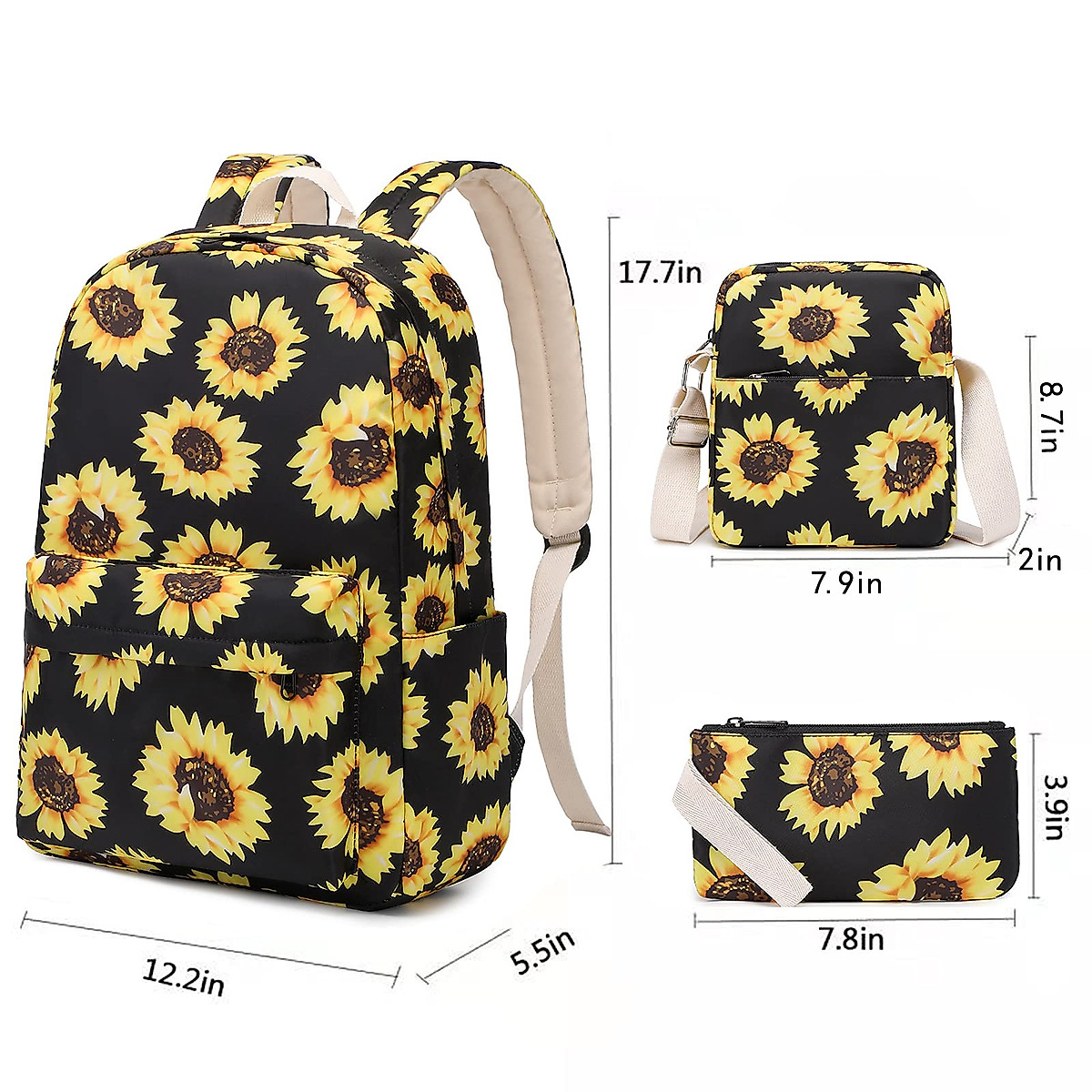 EZYCOK School Backpack College Bookbag for Girls Women, Water Resistant Laptop Backpack Casual Daypack with Sling Bag and Pencil Case , Sunflower