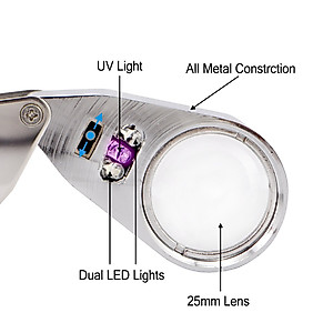 iKKEGOL 40X 25mm All Metal Magnifier Jeweler LED UV Lens Jewelery Loupe Magnifier (LED Currency Detecting/Jewelry Identifying Type)
